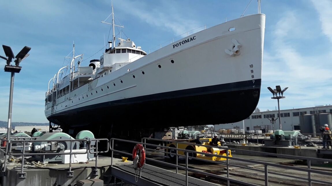 USS Potomac Heads to Dry Dock at Bay Ship, Alameda