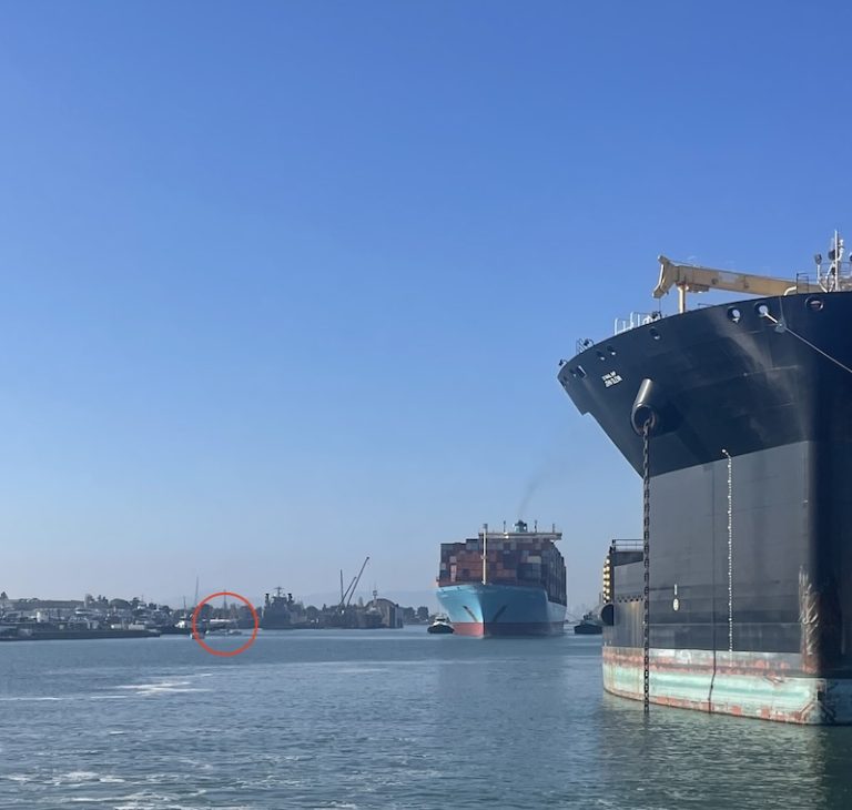 Two Sailboats Vs One Container Ship and Two Tugs